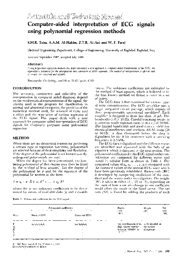 (PDF) Computer-aided interpretation of ECG signals using polynomial regression methods | Saleem ...