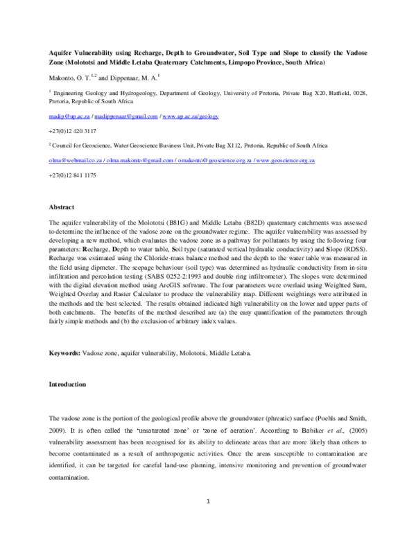 (PDF) Aquifer vulnerability using recharge, depth to groundwater, soil ...