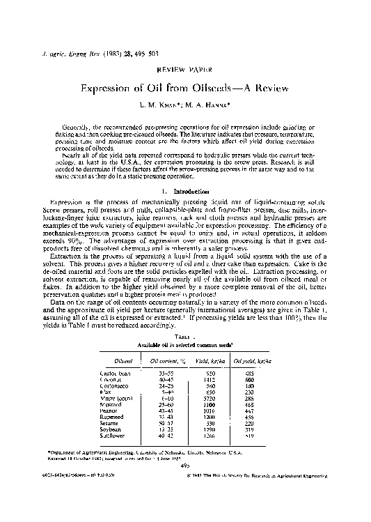 (PDF) Expression of oil from oilseeds—A review