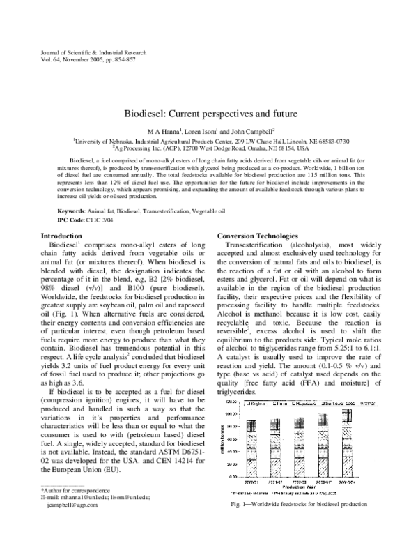 (PDF) Biodiesel: current perspectives and future