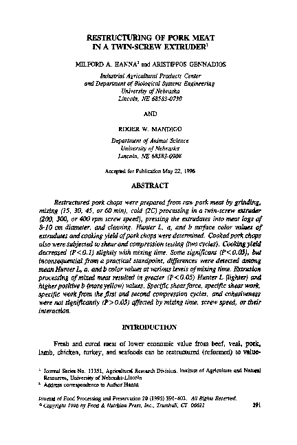 (PDF) Restructuring of Pork Meat in a Twin-Screw Extruder