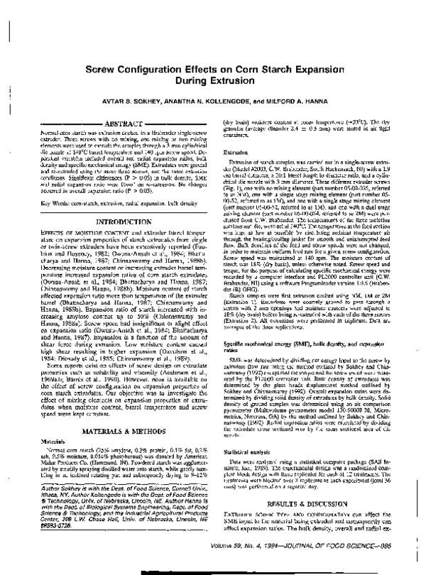 (PDF) Screw Configuration Effects on Corn Starch Expansion During Extrusion