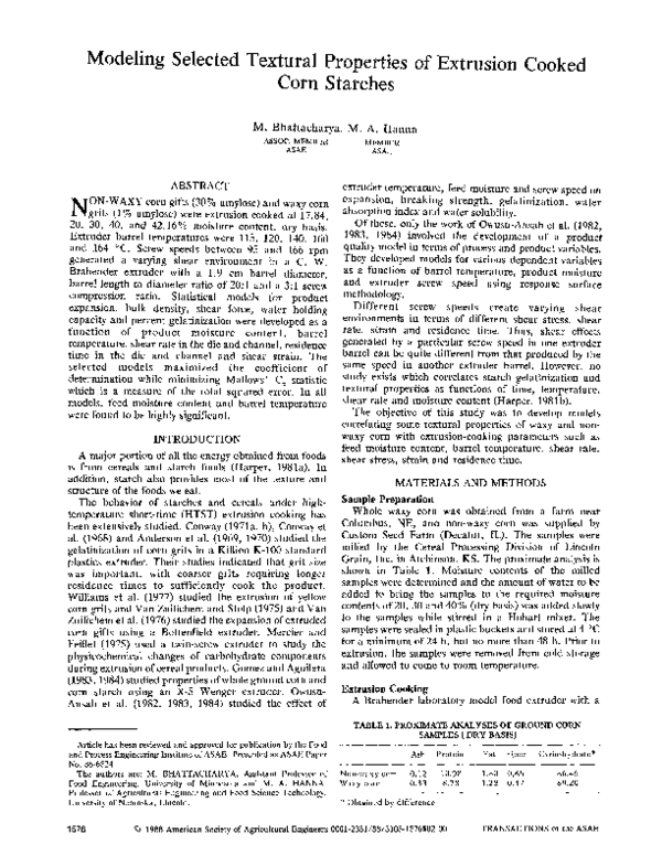 (PDF) Modeling Selected Textural Properties of Extrusion Cooked Corn ... (PDF) Modeling Selected Textural Properties of Extrusion Cooked Corn ...