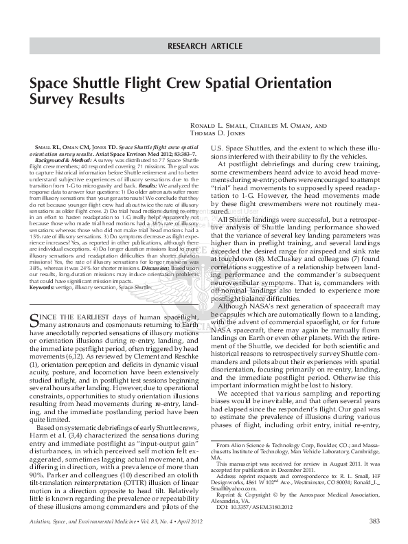 (PDF) Space Shuttle Flight Crew Spatial Orientation Survey Results