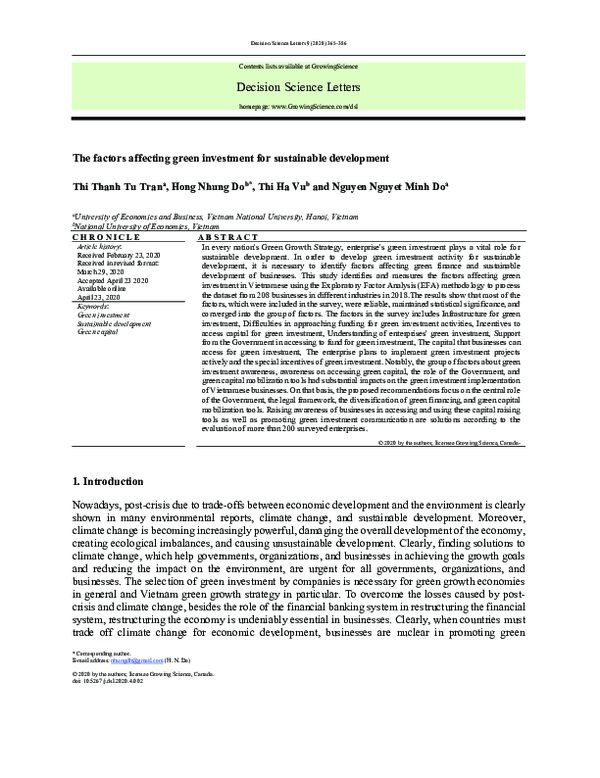 (PDF) The factors affecting green investment for sustainable development