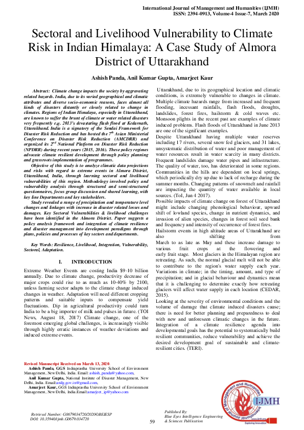 (PDF) Sectoral and Livelihood Vulnerability to Climate Risk in Indian Himalaya: A Case Study of ...