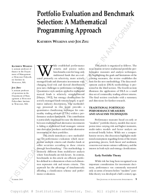 (PDF) Portfolio Evaluation and Benchmark Selection