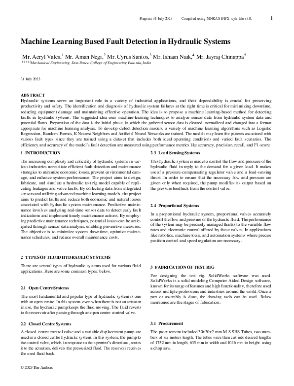 (PDF) Machine Learning Based Fault Detection in Hydraulic Systems
