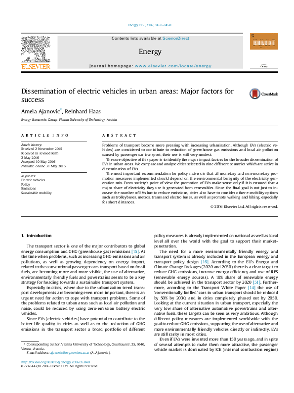 (PDF) Dissemination of electric vehicles in urban areas: Major factors ...