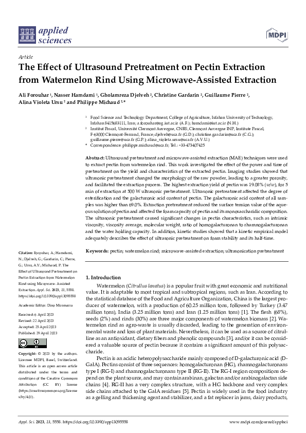 (PDF) The Effect of Ultrasound Pretreatment on Pectin Extraction from Watermelon Rind Using ...