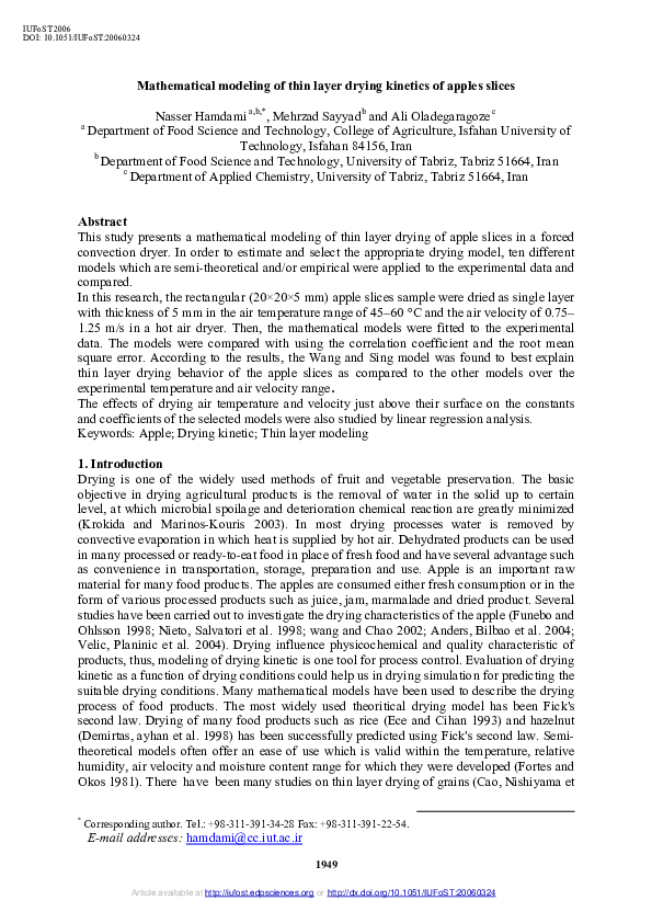 (PDF) Mathematical modeling of thin layer drying kinetics of apples slices