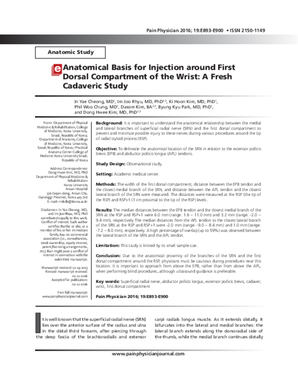 (PDF) Anatomical Basis for Injection around First Dorsal Compartment of ...