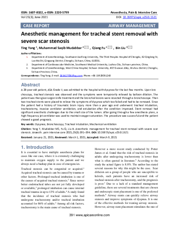 (PDF) Anesthetic management for tracheal stent removal with severe scar ...