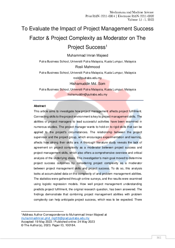 (PDF) To Evaluate the Impact of Project Management Success Factor & Project Complexity as ...