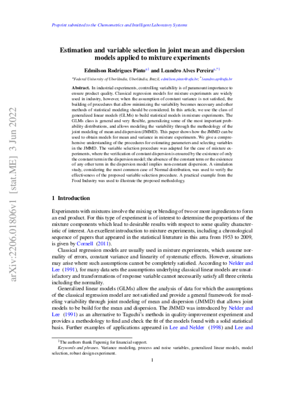 Pdf Estimation And Variable Selection In Joint Mean And Dispersion Models Applied To Mixture