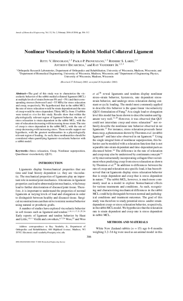 Pdf Nonlinear Viscoelasticity In Rabbit Medial Collateral Ligament