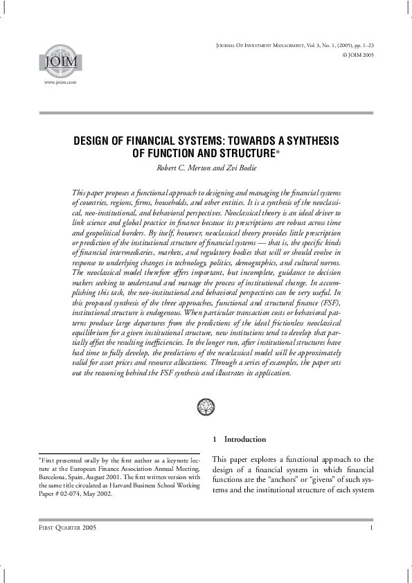 (PDF) The Design of Financial Systems: Towards a Synthesis of Function ...