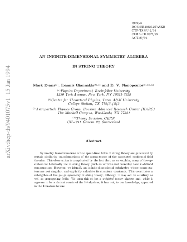 (PDF) Operator algebras and an infinite-dimensional symmetry for string theory