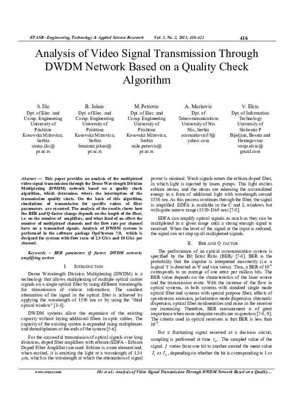 (PDF) Analysis of Video Signal Transmission Through DWDM Network Based on a Quality Check Algorithm