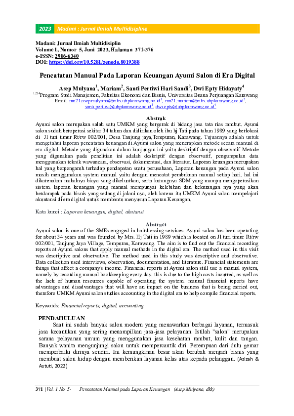 (PDF) Pencatatan Manual Pada Laporan Keuangan Ayumi Salon di Era Digital