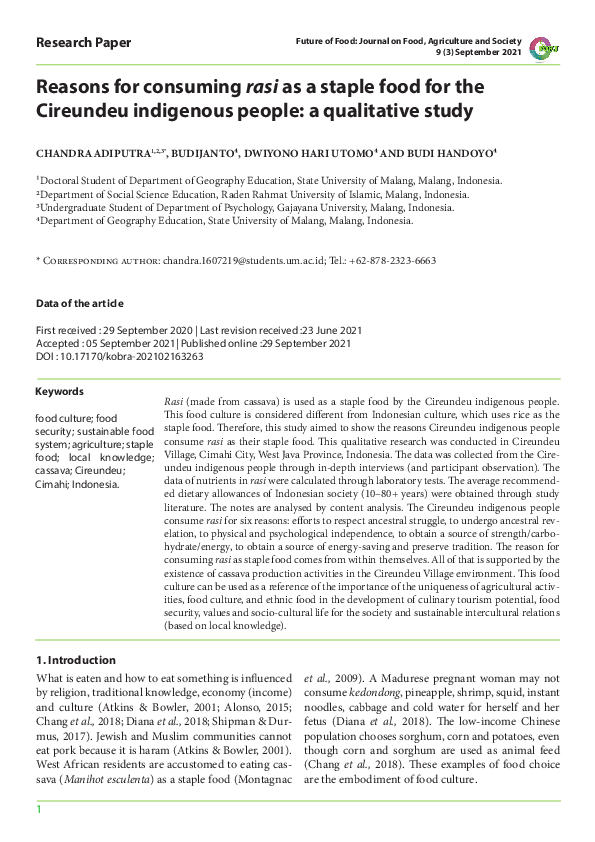 (PDF) Reasons for consuming rasi as a staple food for the Cireundeu ...