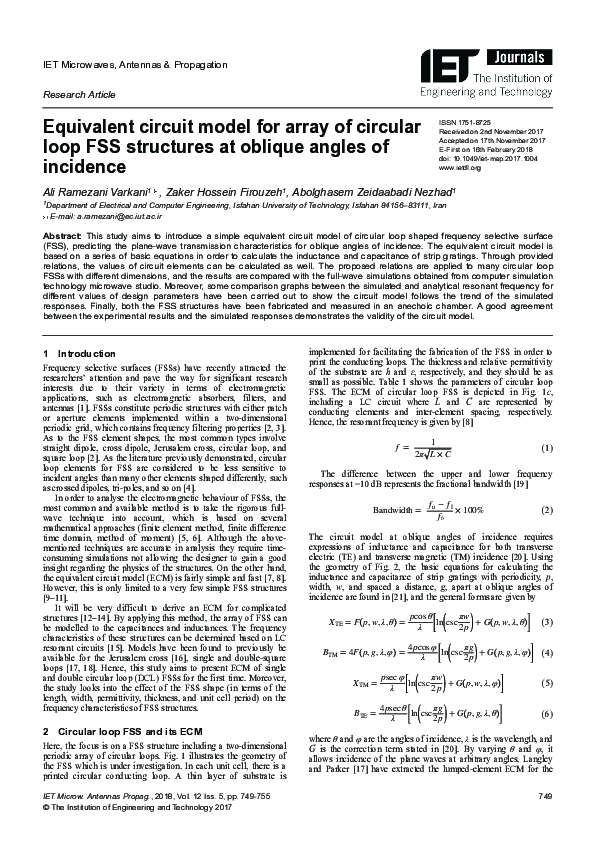 Pdf Equivalent Circuit Model For Array Of Circular Loop Fss Structures At Oblique Angles Of