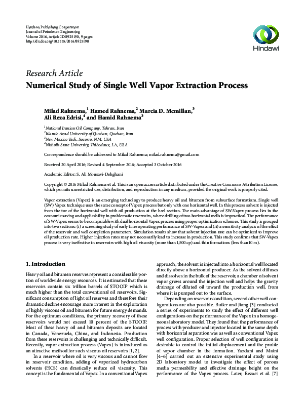 (PDF) Numerical Study of Single Well Vapor Extraction Process