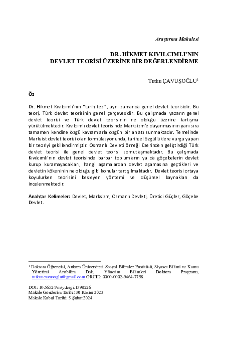 (PDF) DR. HİKMET KIVILCIMLI'NIN DEVLET TEORİSİ ÜZERİNE BİR DEĞERLENDİRME