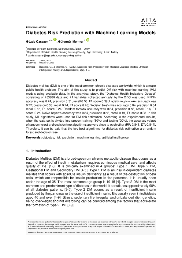(PDF) Diabetes Risk Prediction with Machine Learning Models