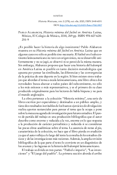(PDF) Sobre Pablo Alabarces, Historia mínima del futbol en América Latina
