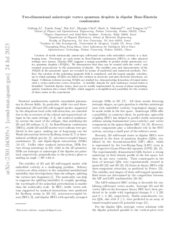 Pdf Anisotropic Vortex Quantum Droplets In Dipolar Bose Einstein Condensates Boris Malomed