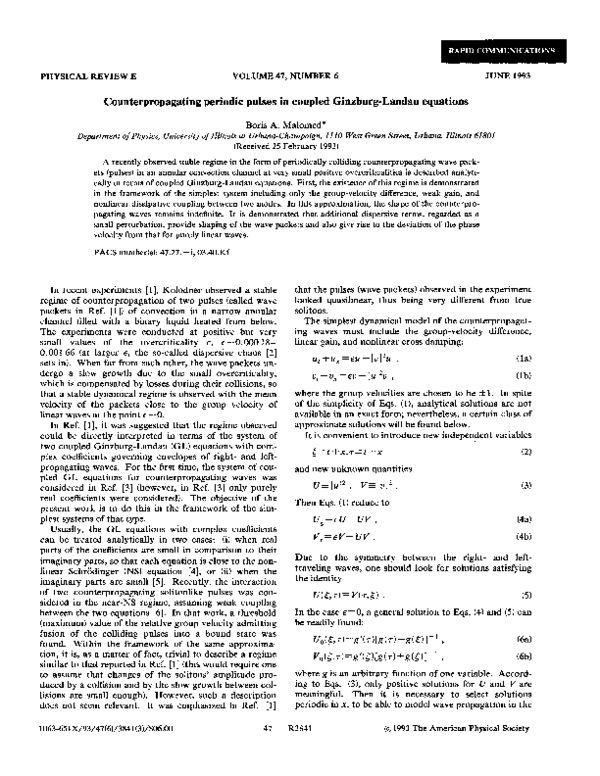 Pdf Counterpropagating Periodic Pulses In Coupled Ginzburg Landau Equations Boris Malomed