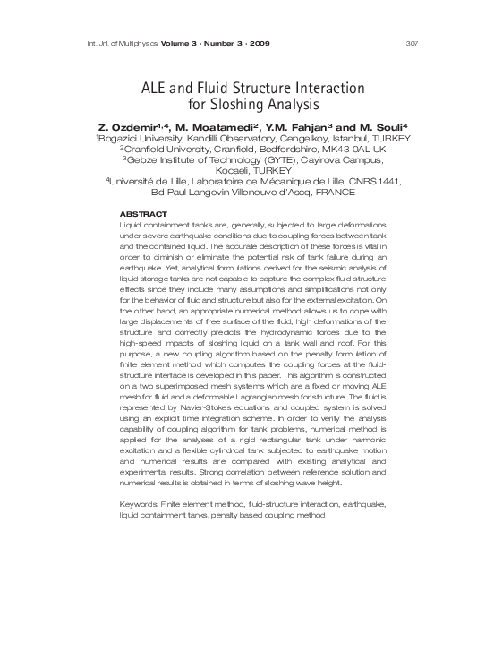 (PDF) ALE and Fluid Structure Interaction for Sloshing Analysis