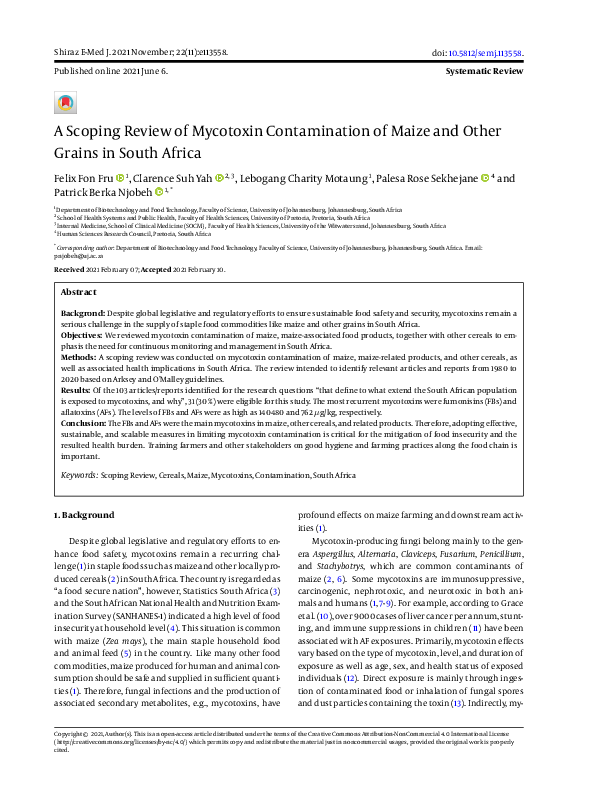 Pdf A Scoping Review Of Mycotoxin Contamination Of Maize And Other Grains In South Africa