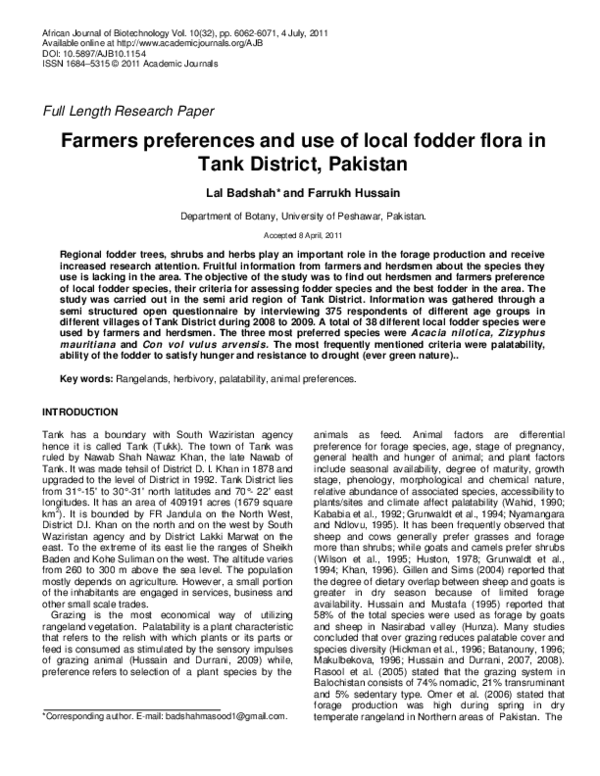 (PDF) Farmers preferences and use of local fodder flora in Tank ...