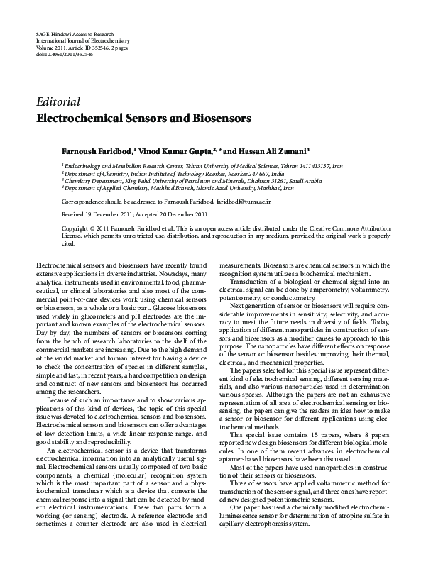 (PDF) Electrochemical Sensors and Biosensors | Farnoush Faridbod - Academia.edu