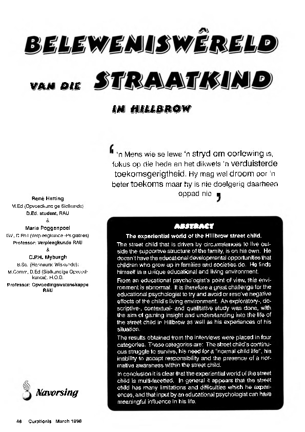 (PDF) Beleweniswêreld van die straatkind in Hillbrow