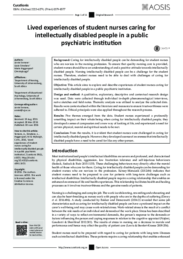 (PDF) Lived experiences of student nurses caring for intellectually disabled people in a public ...