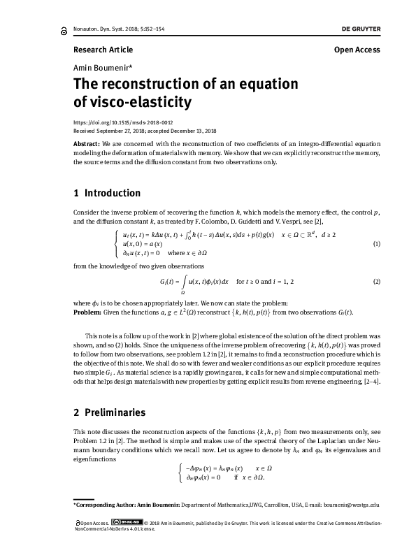 (PDF) The reconstruction of an equation of visco-elasticity