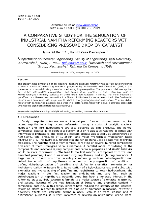 (PDF) A Comparative Study for the Simulation of Industrial Naphtha Reforming Reactors with ...