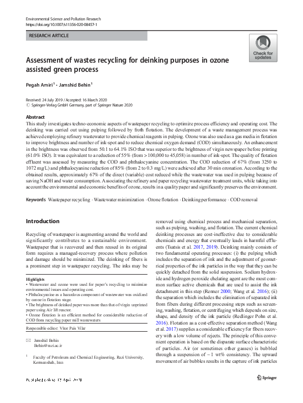 (PDF) Assessment of wastes recycling for deinking purposes in ozone ...