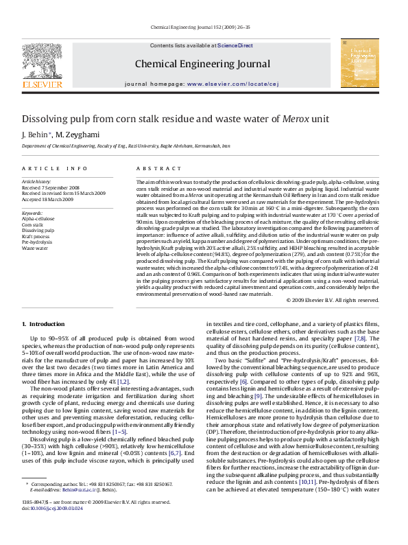 (PDF) Dissolving pulp from corn stalk residue and waste water of Merox unit