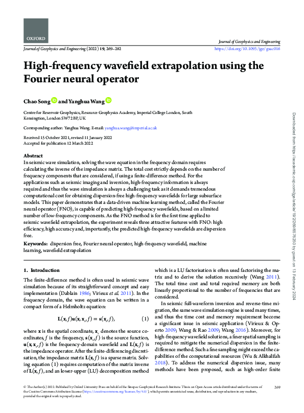 (PDF) High-frequency wavefield extrapolation using the Fourier neural operator