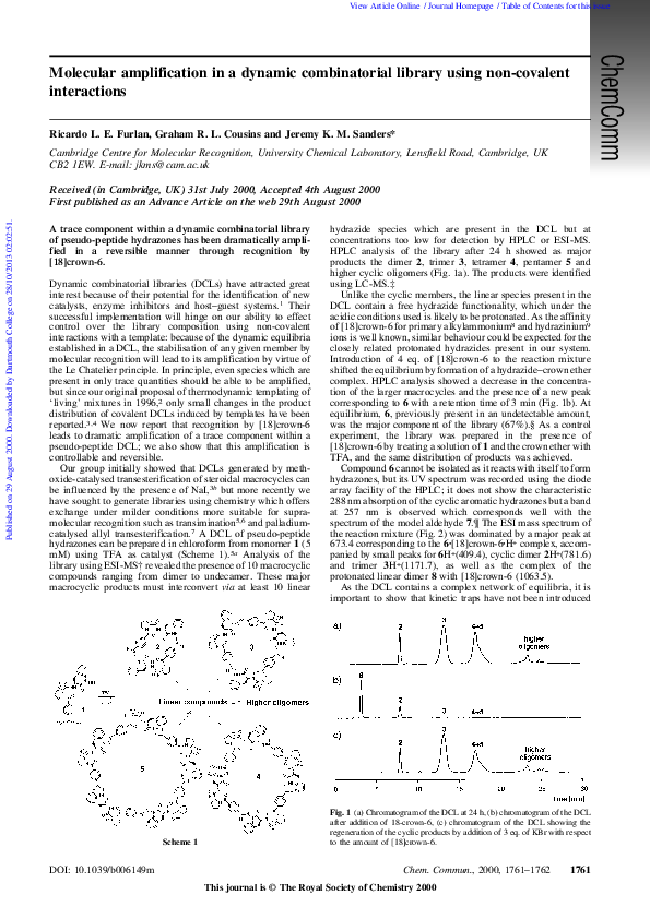 (PDF) Molecular amplification in a dynamic combinatorial library using ...