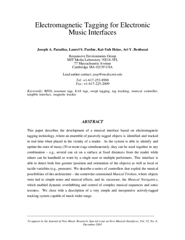 (PDF) Electromagnetic Tagging for Electronic Music Interfaces | Joseph Paradiso - Academia.edu