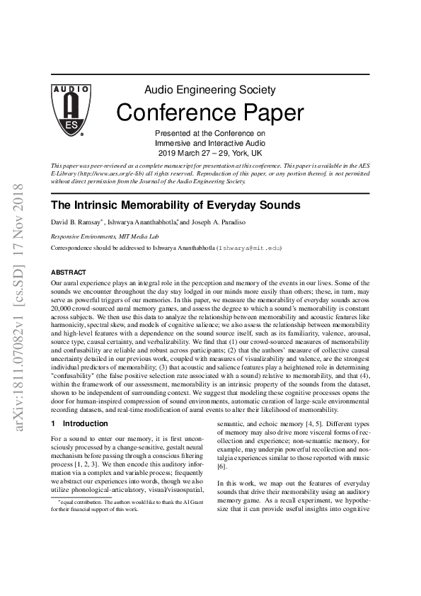(PDF) The Intrinsic Memorability of Everyday Sounds
