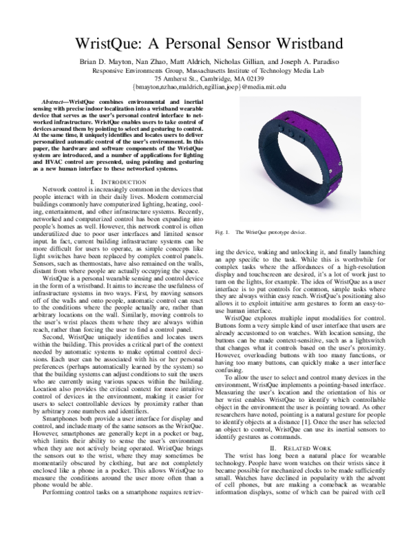 (PDF) WristQue: A personal sensor wristband