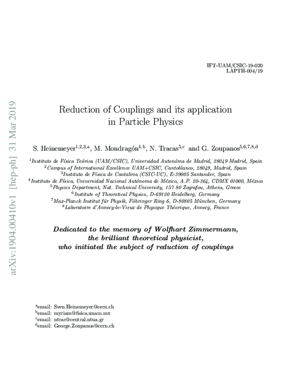 (PDF) Reduction of couplings and its application in particle physics