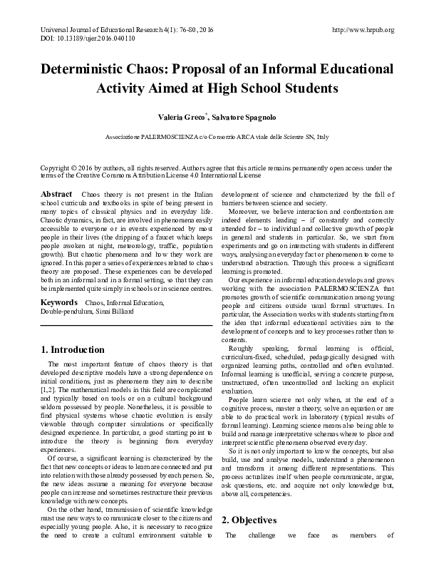 (PDF) Deterministic Chaos: Proposal of an Informal Educational Activity Aimed at High School ...