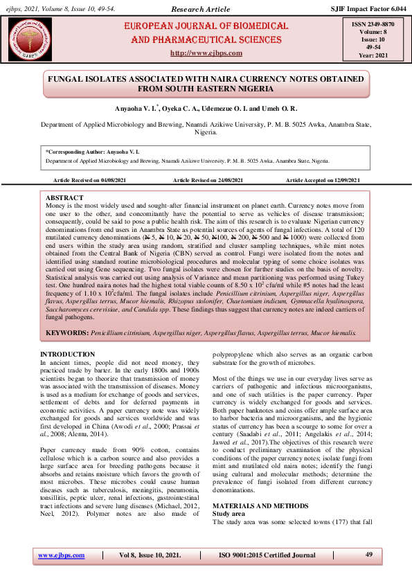 (PDF) FUNGAL ISOLATES ASSOCIATED WITH NAIRA CURRENCY NOTES OBTAINED ...